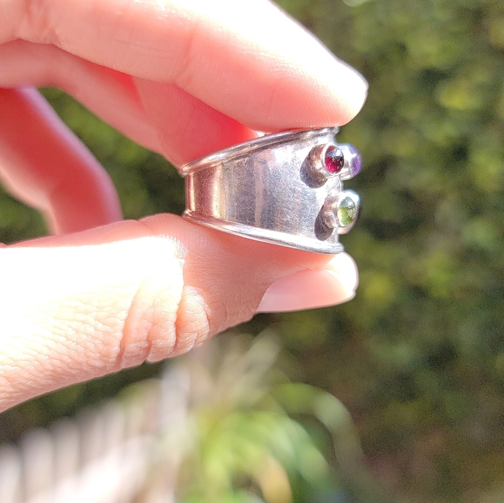 Multi Gem Sterling Cigar Band Ring - Gem